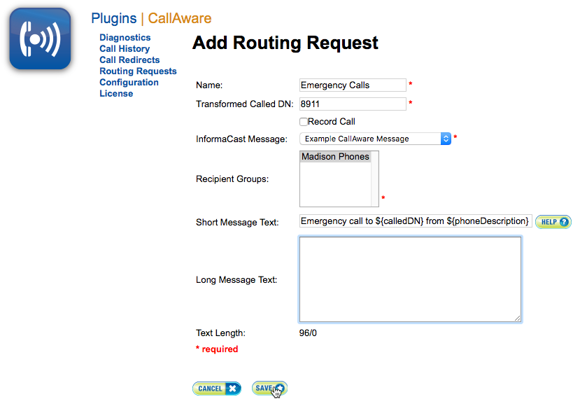 CallAware with wildcard route patterns